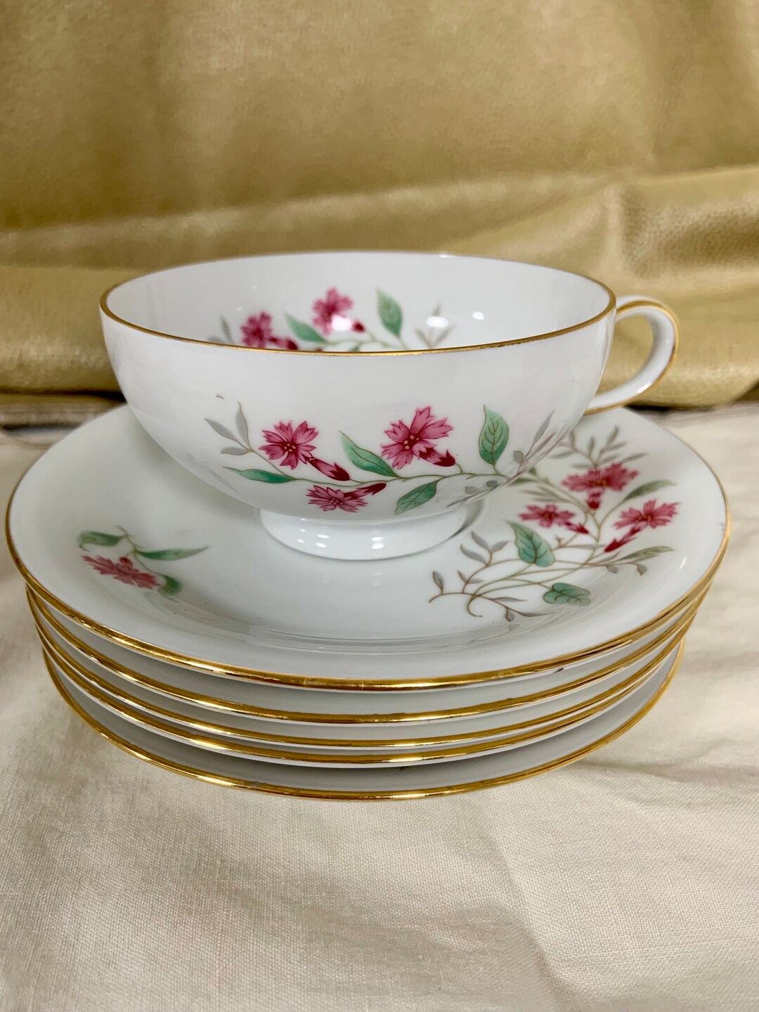 Eschenbach Porcelain Teacup Set: Pink Floral, Gold Rim (set of 5) - Etsy