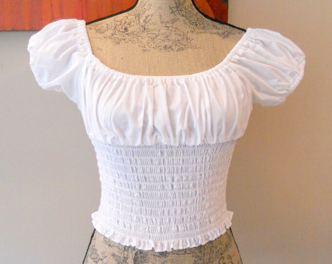 White Blouse Peasant Top Gathered Cropped Shirt White Summer Hippie ...