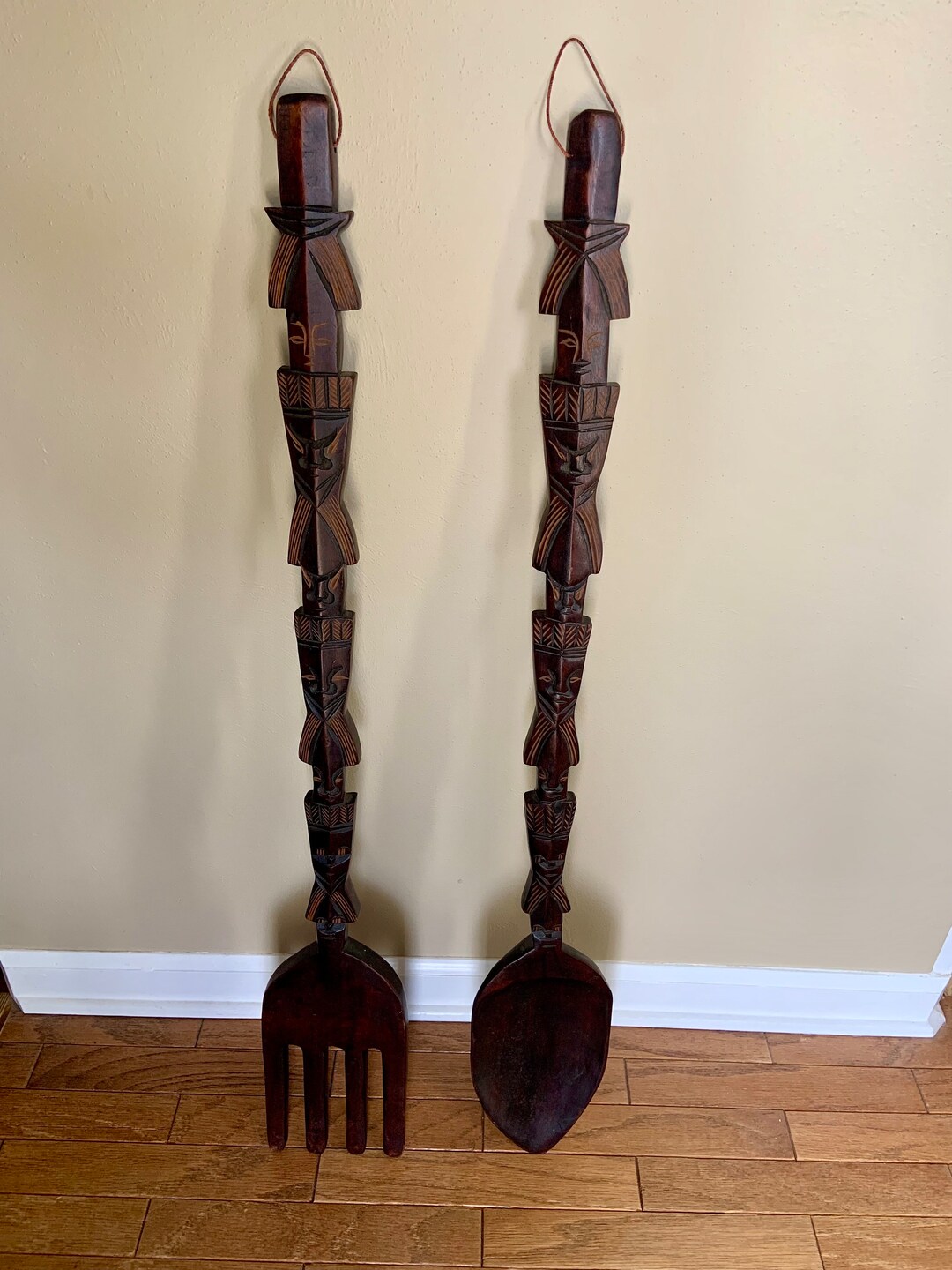 Vintage Extra Large Wood Spoon and Fork Wooden Tiki Carved Fork Wall ...