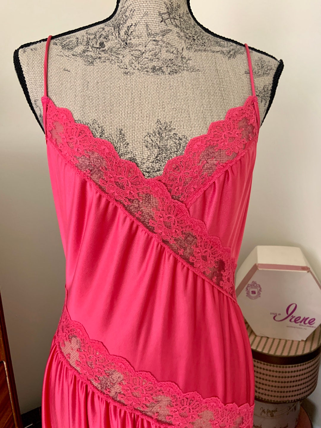 Vintage Lace Nightgown Raspberry Full Length Gown Womens Sexy Lingerie ...