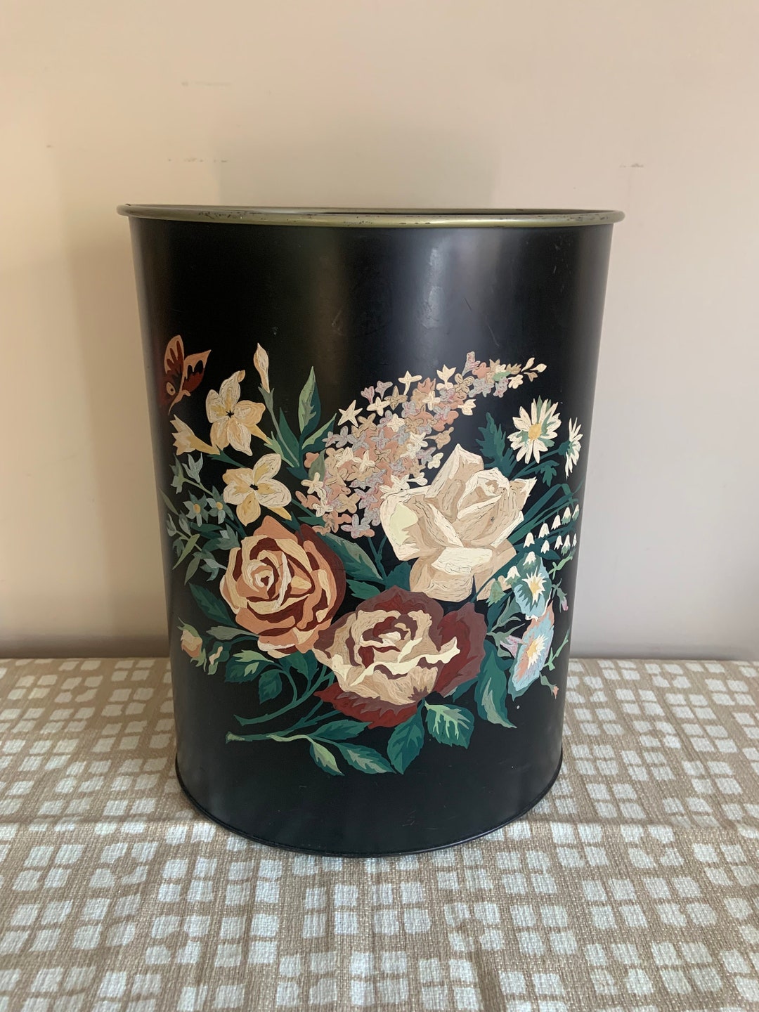 Vintage Tole Painted Metal Waste Basket Trash Can Garbage Bin Floral ...