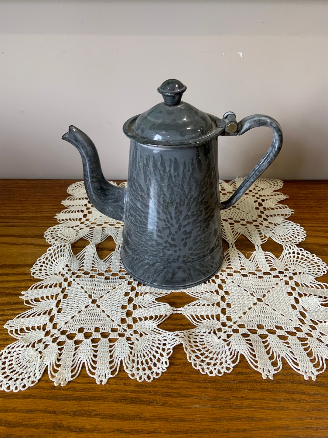 Vintage Graniteware Teapot Gray Splatter Coffee Pot Farmhouse Kitchen ...