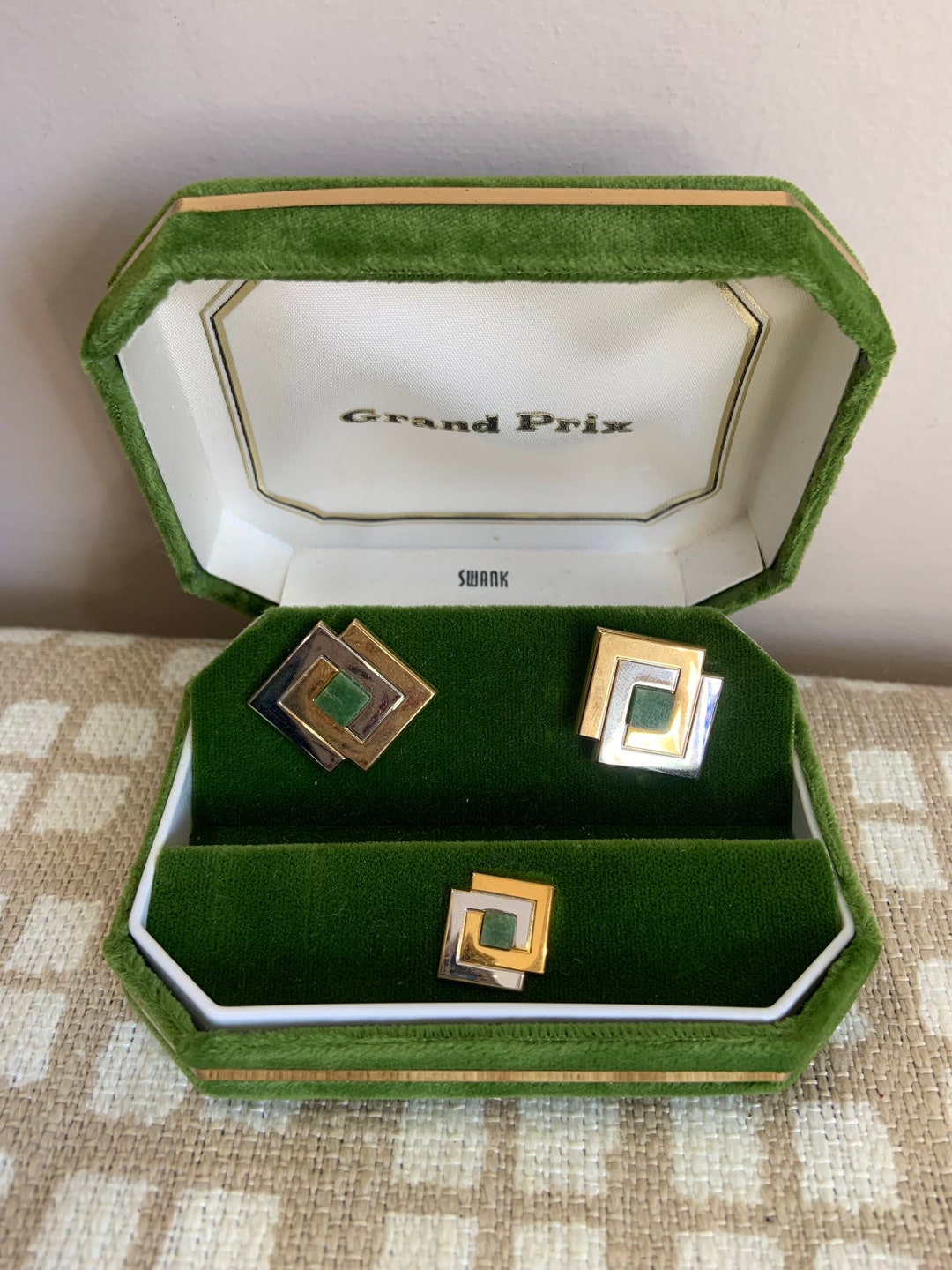 Green Velvet Swank Boxed Gift Set Swank Cuff Links and Tie Tack Jade ...