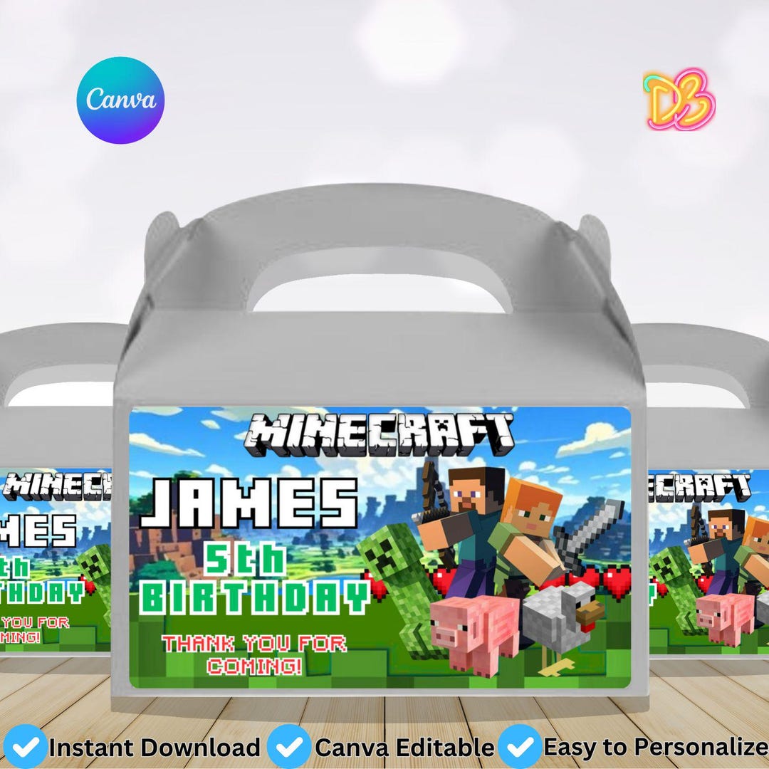 Editable Mine Crafter Gable Box Label, Birthday Party Favor Treat Box ...