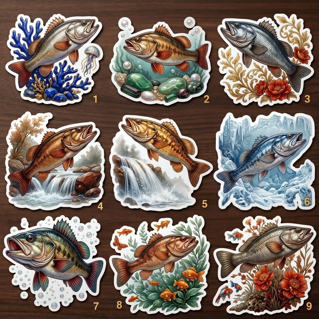 Bass Fish Sticker Pack, Die-cut Vinyl Decals, Fishing Art, Nature Lover ...