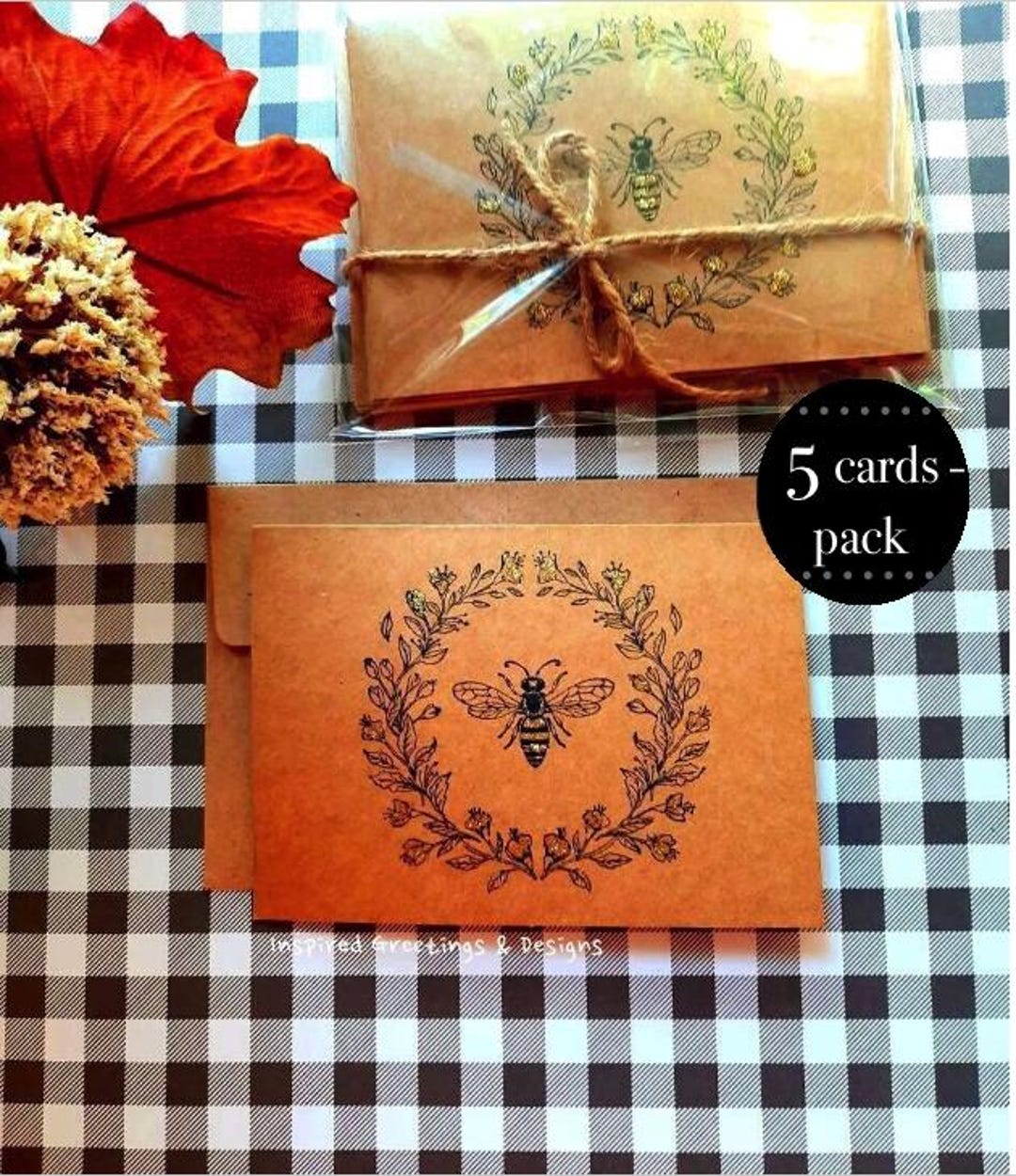 PACK of 5 Blank Note Cards Set, Bee Notes Simple Stationery Gift, Hand ...
