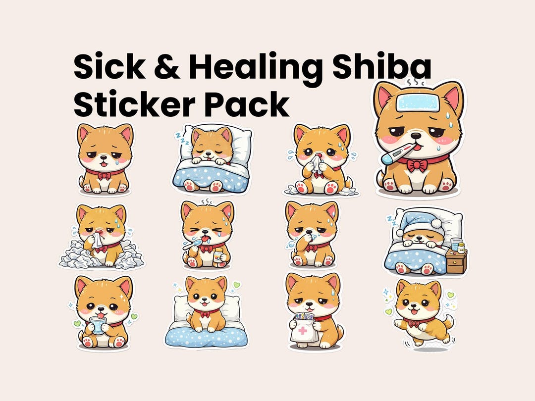 Sick Shiba Stickers, Healing Dog PNG, Kawaii Planner Self-care (instant ...