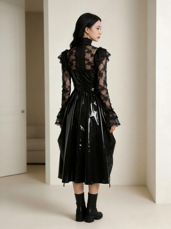 Plus Size Women's PVC High Neck Lace Long Skirt Gothic Slim Fit Dress ...