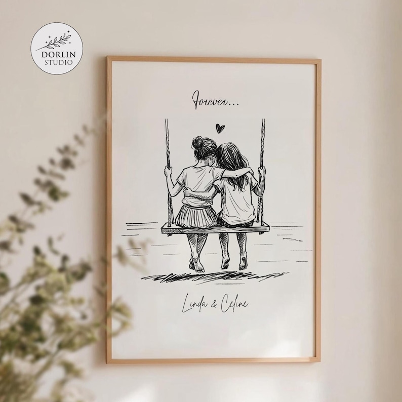 Personalized Sister Swing Line Art Print, Custom Names Minimalist ...