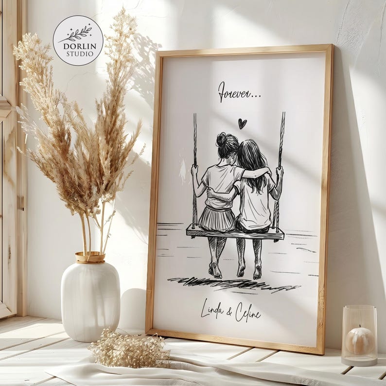 Personalized Sister Swing Line Art Print, Custom Names Minimalist ...