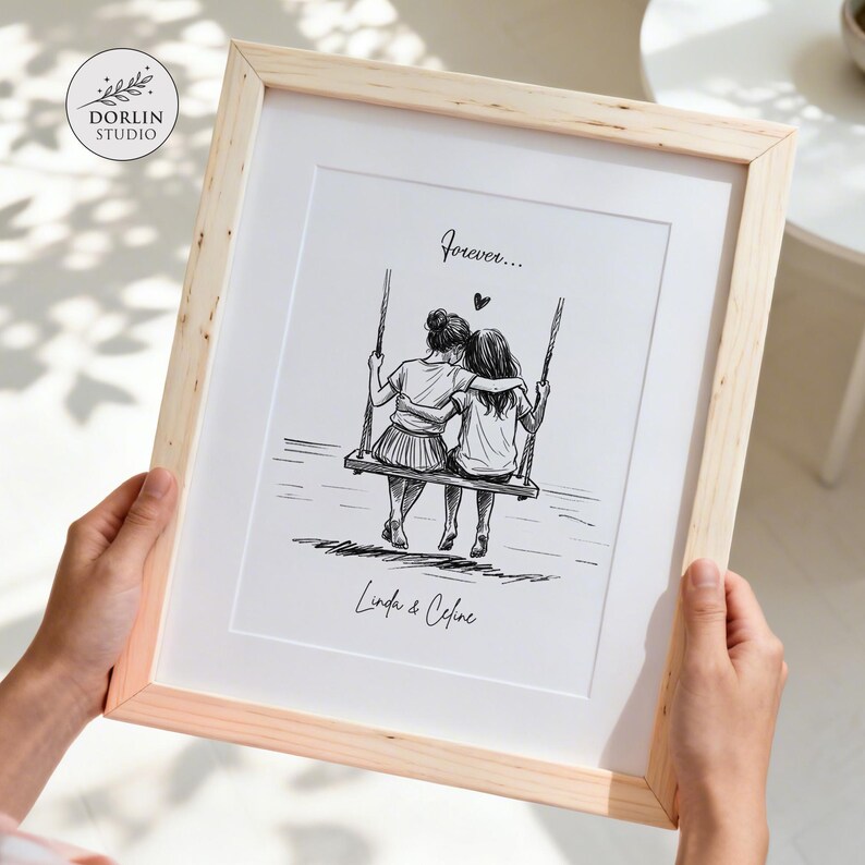 Personalized Sister Swing Line Art Print, Custom Names Minimalist ...