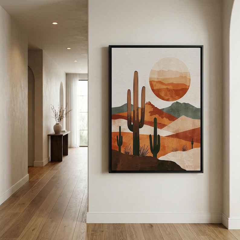 Cactus Wall Art Canvas, Earth Tone Desert Landscape, Modern Boho Decor ...