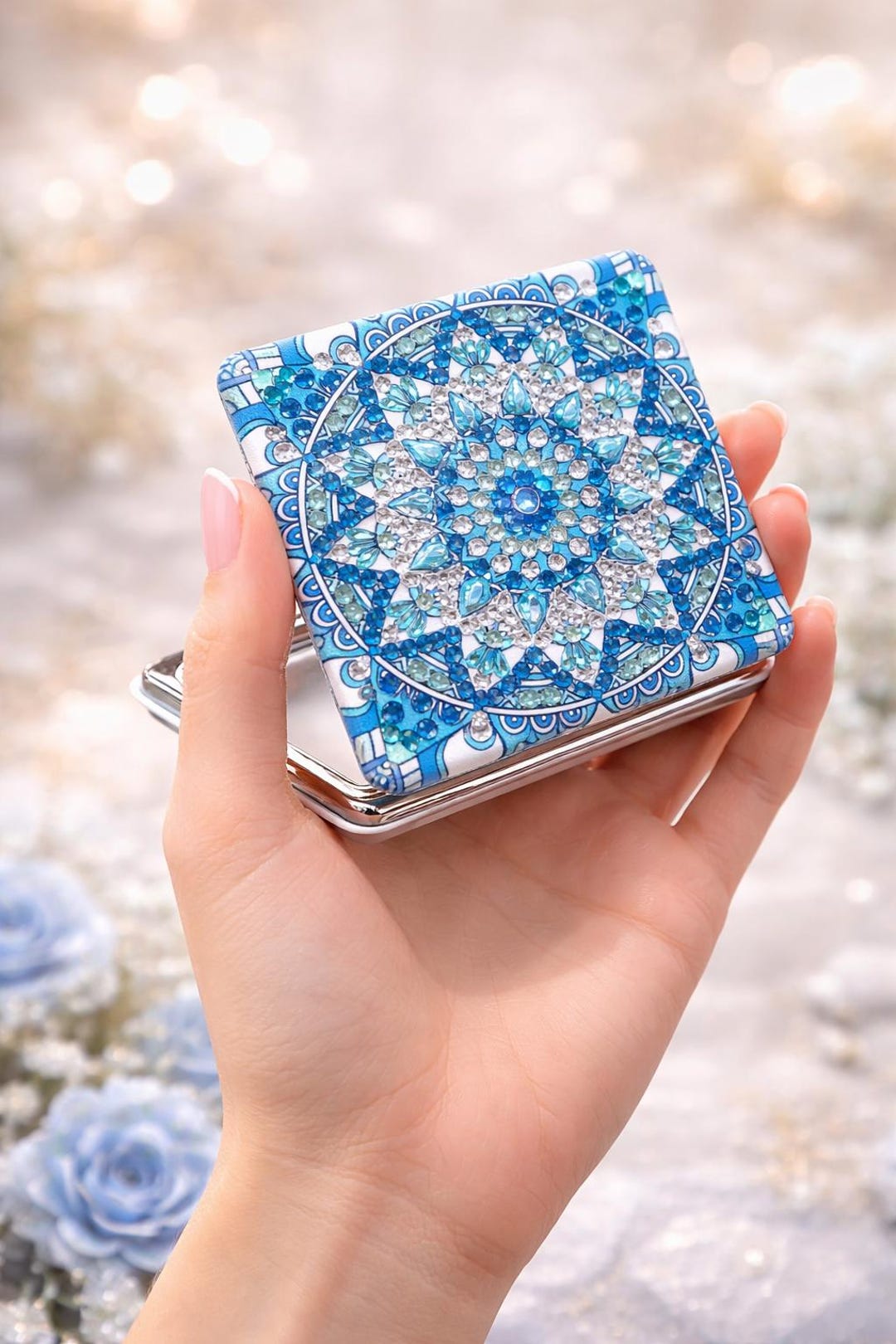 Handmade Crystal Compact Mirror Blue Mandala, Sparkling Pocket Mirror ...