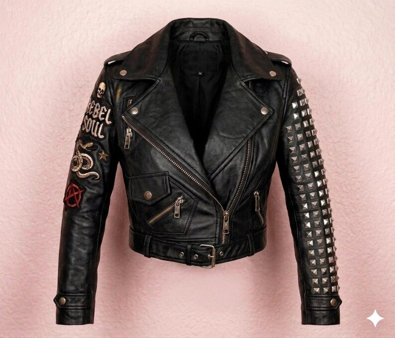 Black Punk Rock Biker Jacket | Silver Studded | Rocker Patched Moto ...