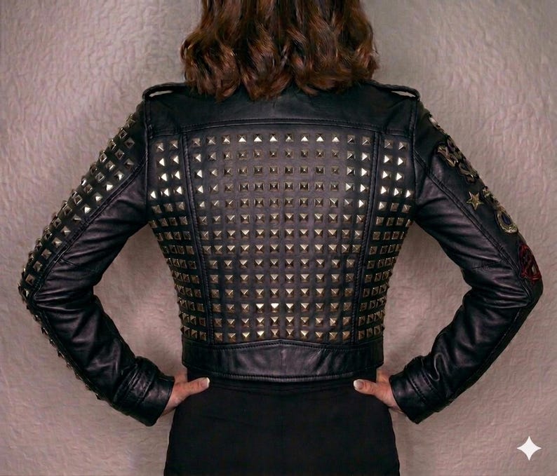 Black Punk Rock Biker Jacket | Silver Studded | Rocker Patched Moto ...