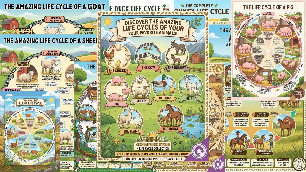 Farm Animal Life Cycles Poster Bundle | Printable Learning Charts (9 ...