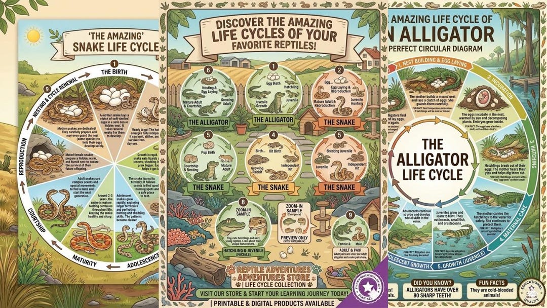 Reptile Life Cycle Posters | Snake Alligator Printable Set | Kids ...