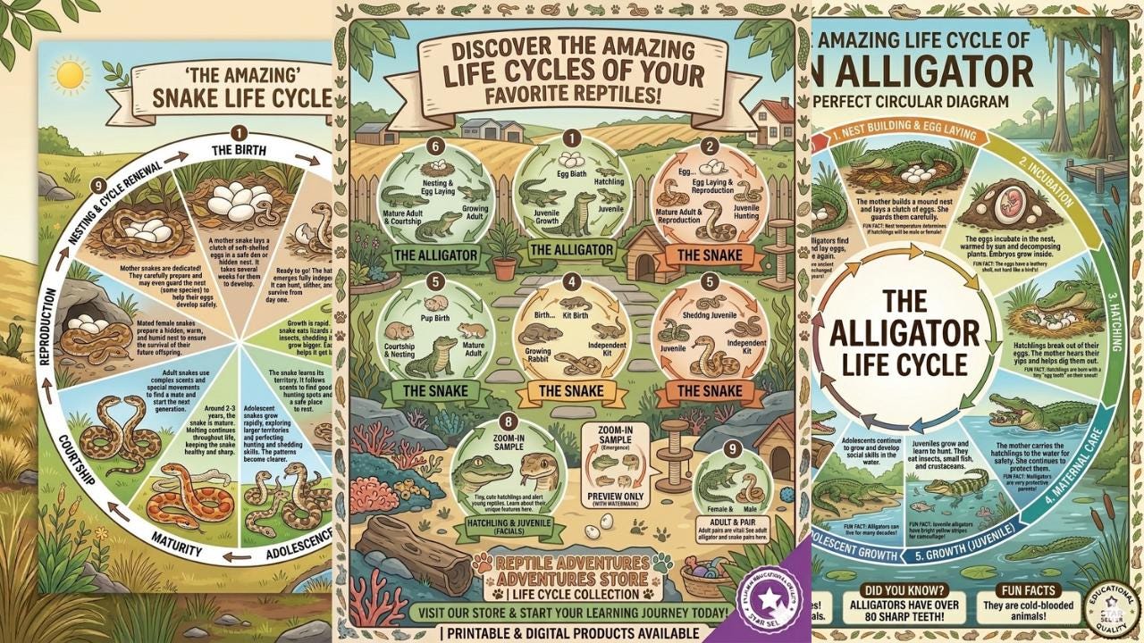 Reptile Life Cycle Posters | Snake Alligator Printable Set | Kids ...