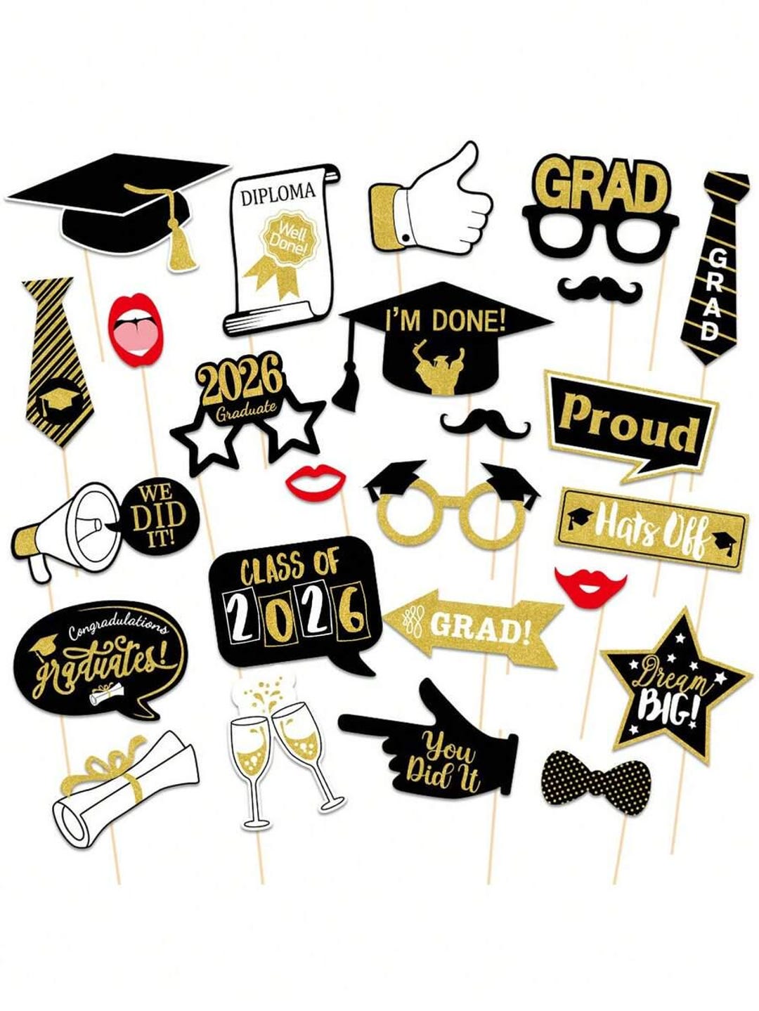 Graduation Photo Booth Props 2026 | Black Gold Grad Party Decorations ...