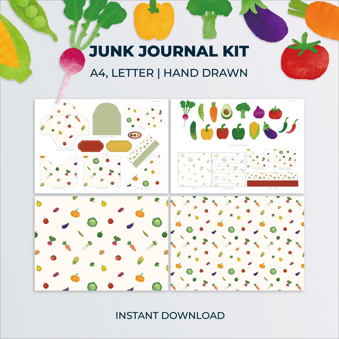 Vegetable Junk Journal Printable Kit | Hand Drawn Scrapbook Pages ...