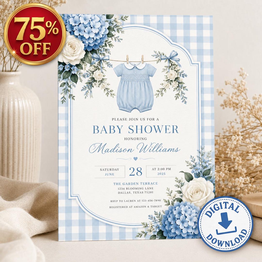 Custom Baby Shower Invitation Boy, Blue Gingham Baby Shower Invite ...