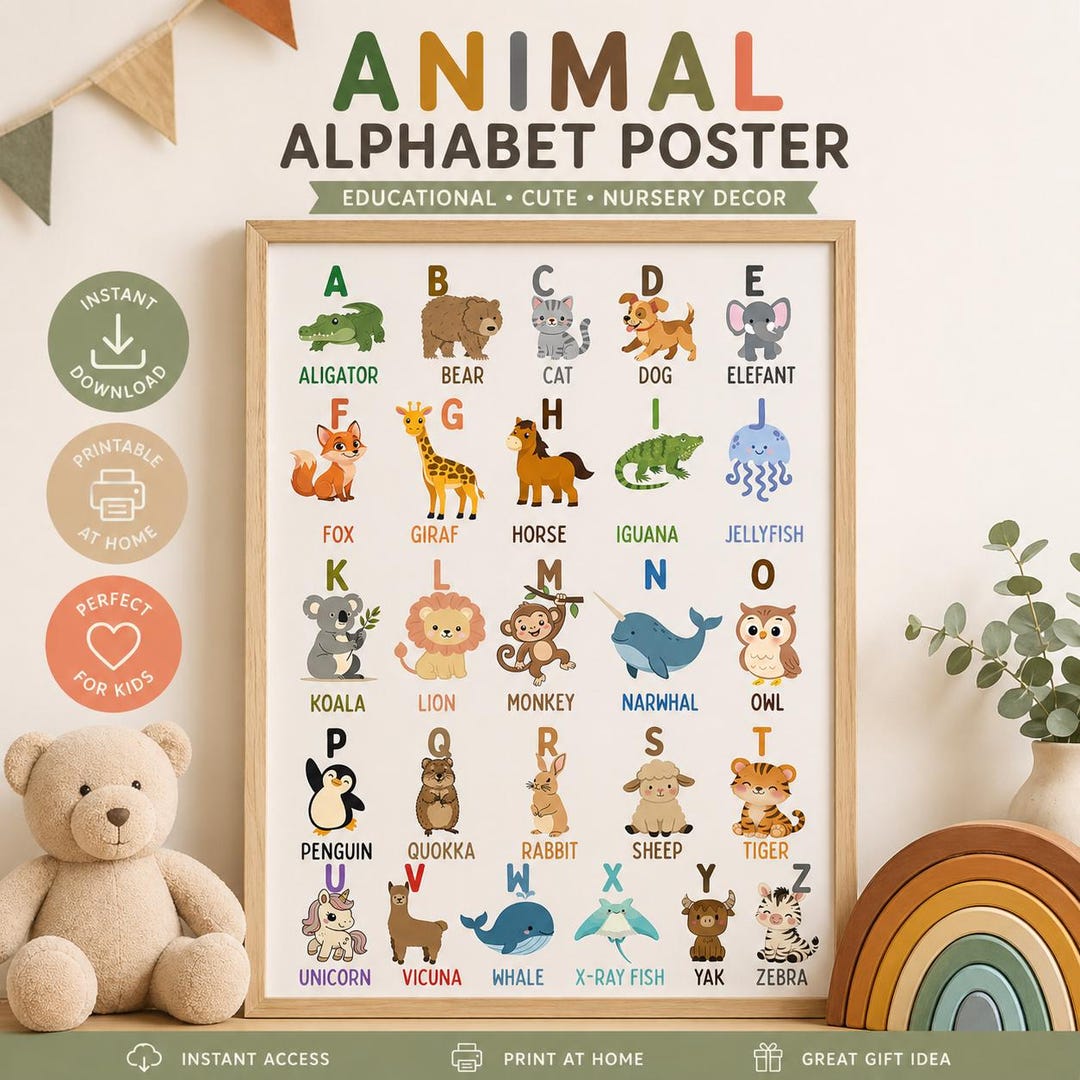 Animal Alphabet Poster Printable | ABC Nursery Wall Art | Kids Learning ...