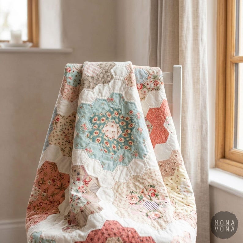 Grandmother’s Garden Quilt Pattern PDF, Hexagon Floral Patchwork Quilt ...