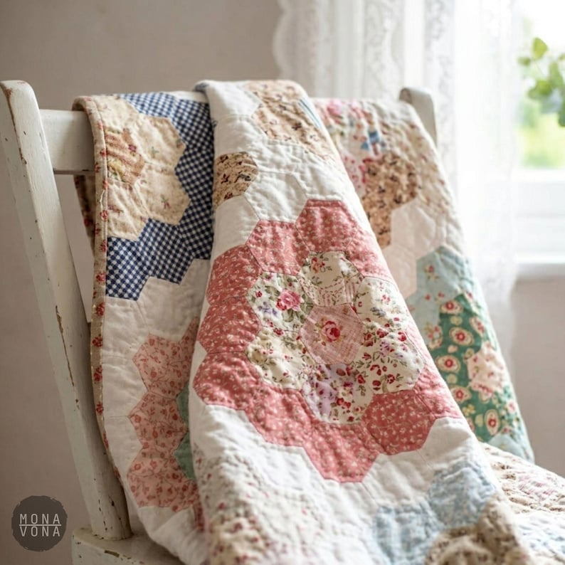 Grandmother’s Garden Quilt Pattern PDF, Hexagon Floral Patchwork Quilt ...