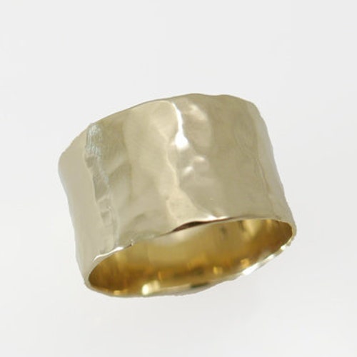 Wide Wedding Ring. 14k Hammered Yellow Gold Wide Wedding Band. - Etsy