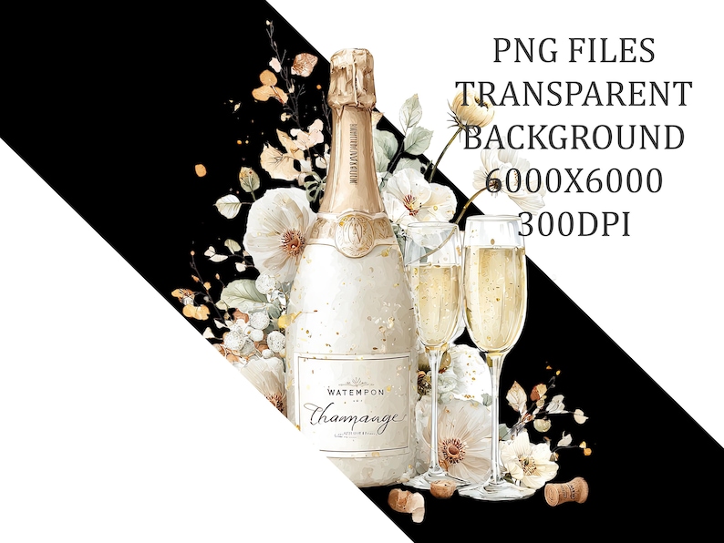 Elegant Champagne Clipart, Gold Wedding Celebration PNG, Ivory Floral ...