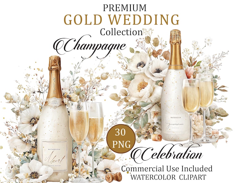 Elegant Champagne Clipart, Gold Wedding Celebration PNG, Ivory Floral ...