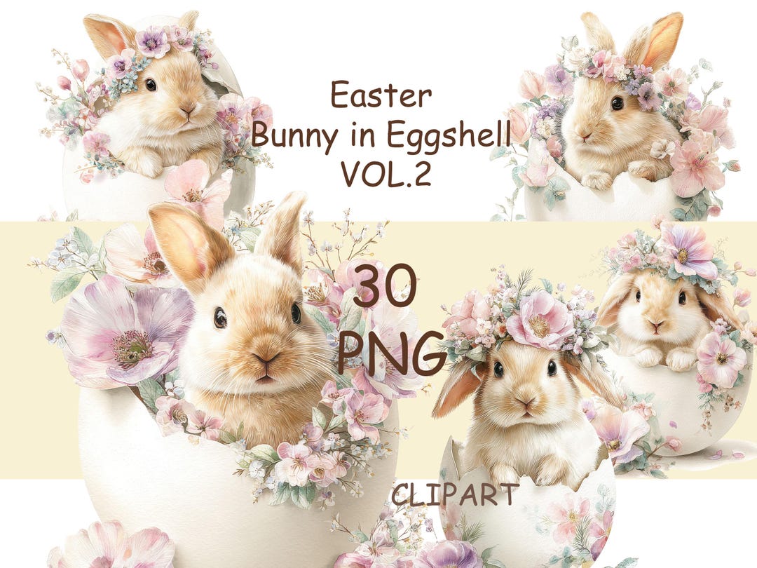 Watercolor Easter Bunny Clipart, Floral Bunnies in Eggshells (digital ...