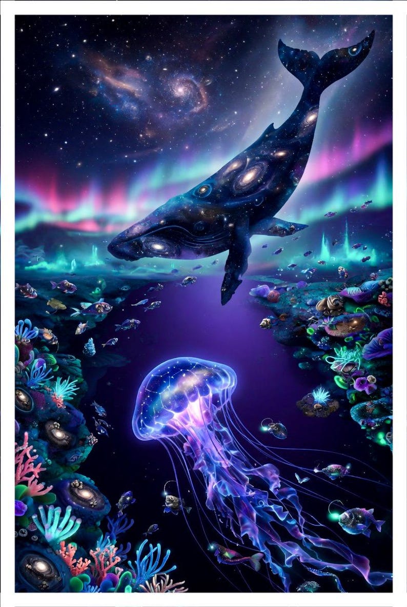 Moon Jellyfish & Space Whale | Fantasy Ocean Poster - Etsy