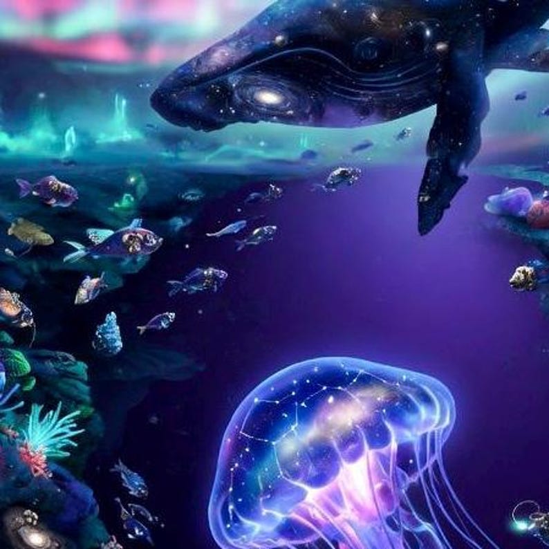 Moon Jellyfish & Space Whale | Fantasy Ocean Poster - Etsy