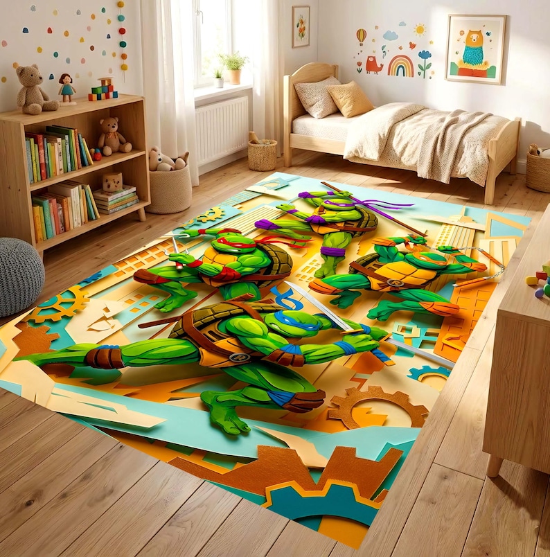 Ninja Turtle Kids Area Rug, Cartoon Hero Playroom Carpet, Non-slip ...