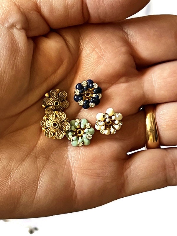 12- Enamel Rhinestone Bead Caps, Color Mix Pairs - Etsy