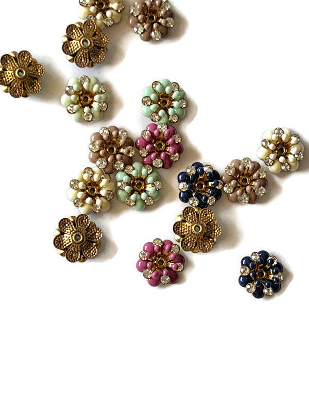 12 Enamel Rhinestone Bead Caps Color Mix Pairs - Etsy