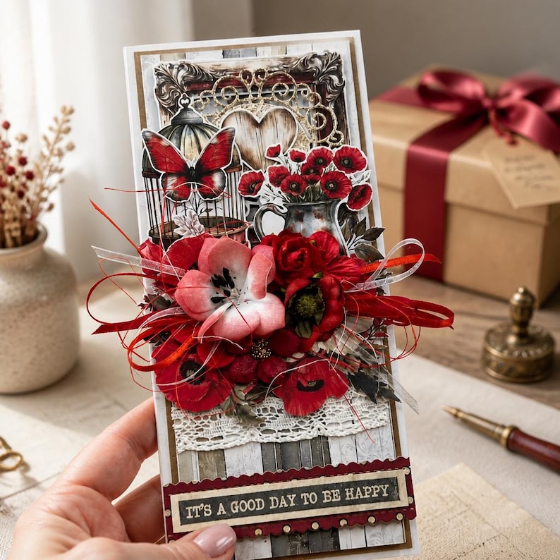 Handmade Red Poppy 3D Card – Dimensional Floral Butterfly Keepsake - Etsy