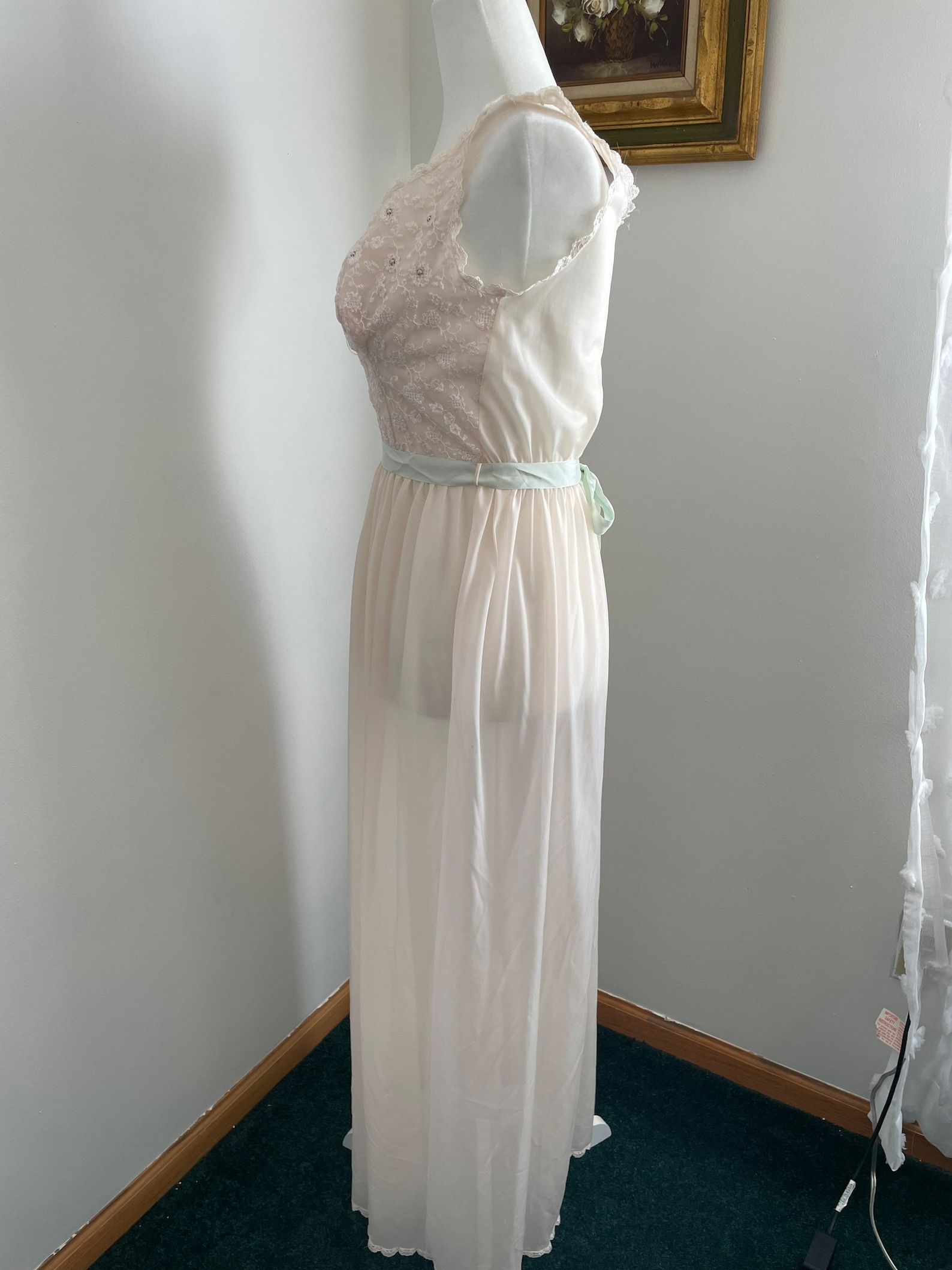 Sheer Satin Nightgown Long Light Pink, Lace Bodice With Beads Light ...