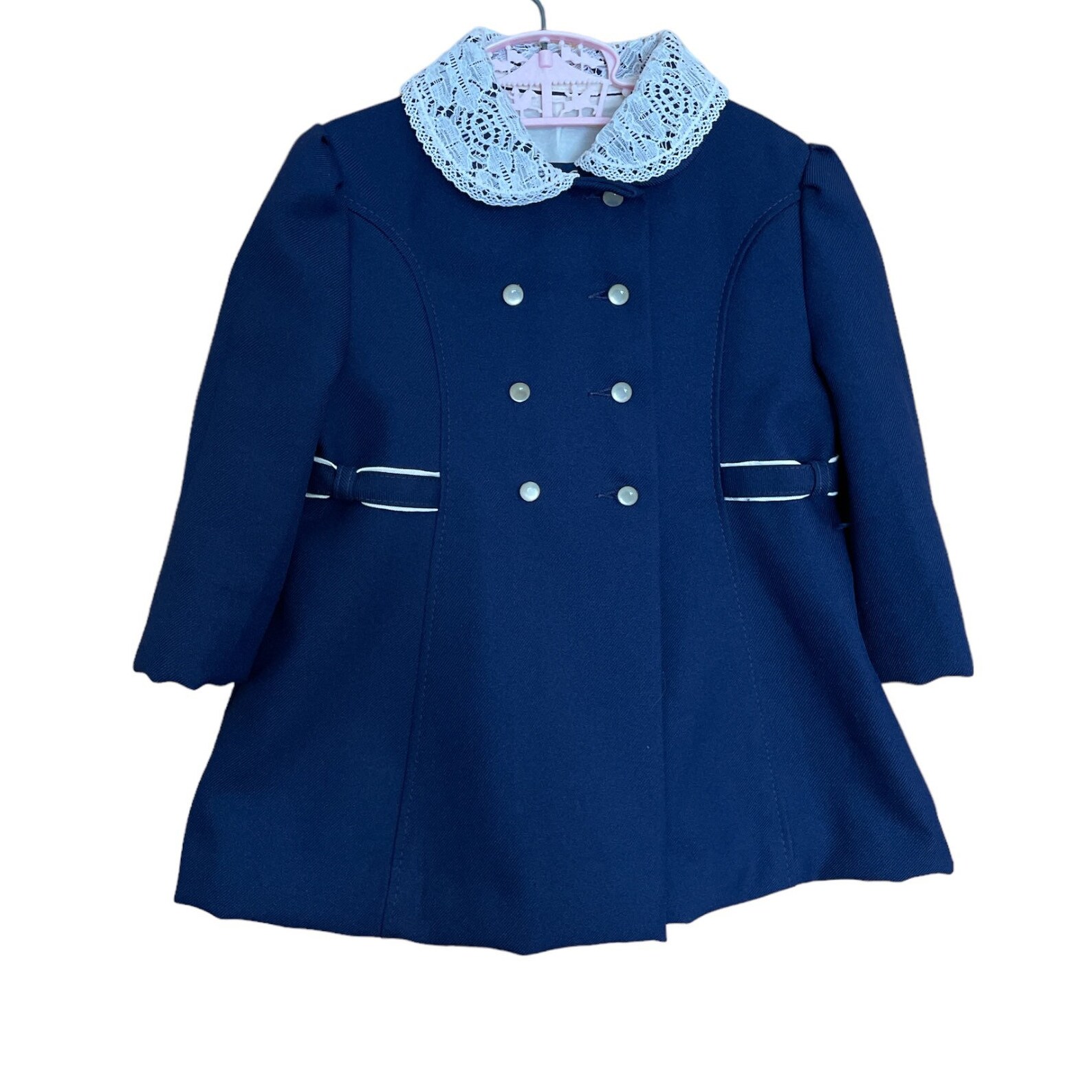 Little Girls Cute Togs Coat Navy Blue and White Double Breasted Lace ...