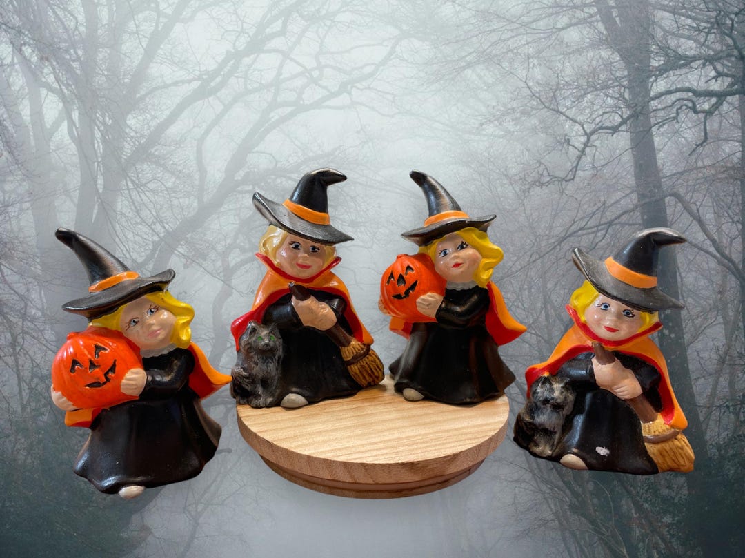 Vintage Witch Figurines Set of Four Hand Painted 4 Inch Ceramic Little ...