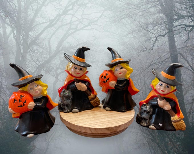 Vintage Witch Figurines Set of Four Hand Painted 4 Inch Ceramic Little ...