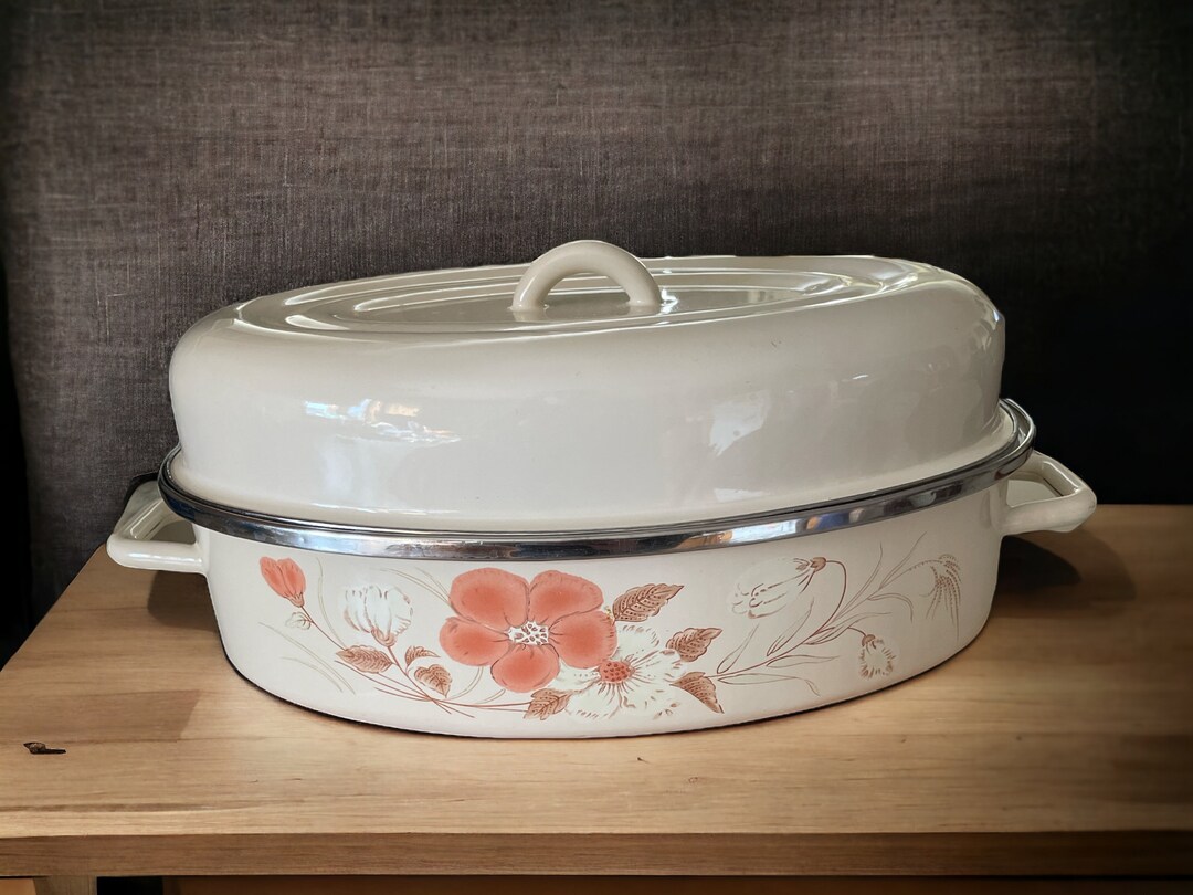 Vintage Enamelware Roaster Pan With Lid, Peach Flower on Cream Roaster ...