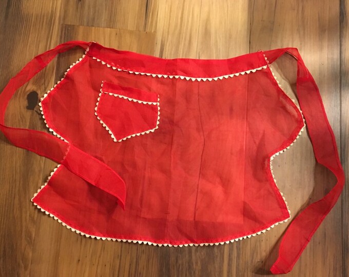 Red Hostess Apron, Sheer Half Apron With Pocket, Vintage Handmade Apron ...