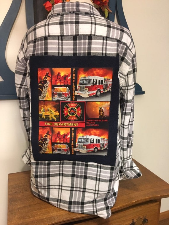 Upcycled Flannel Shirt Firefighter Back Patch Flannel Shirt - Etsy