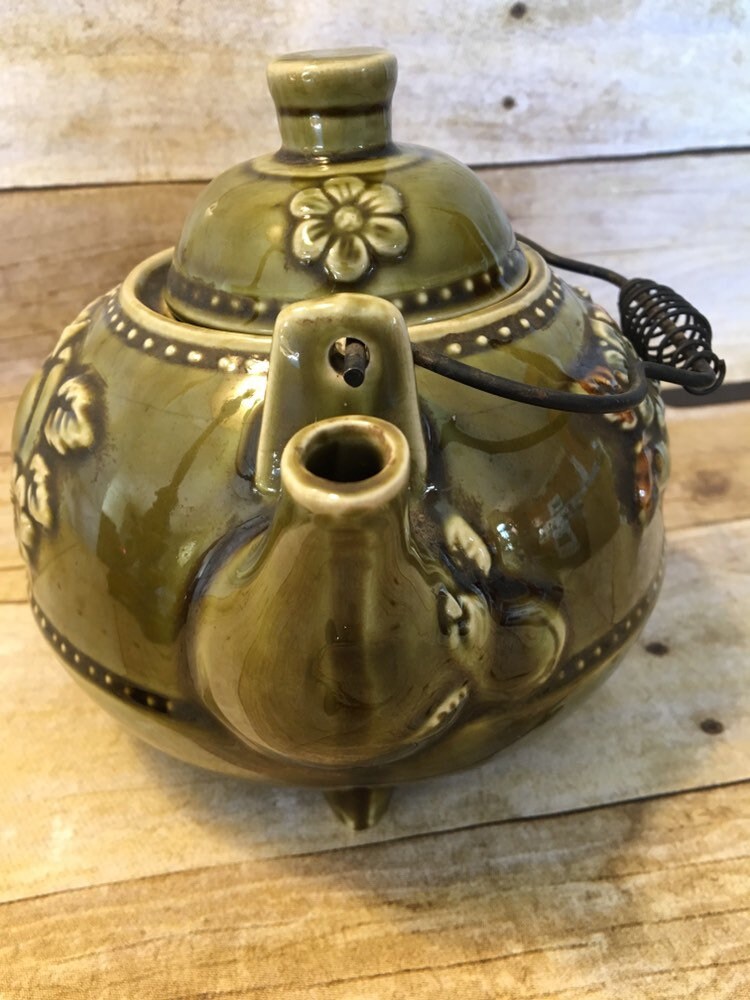 Vintage Teapot Mid-Century Avocado Green Fruit Motif Made in | Etsy