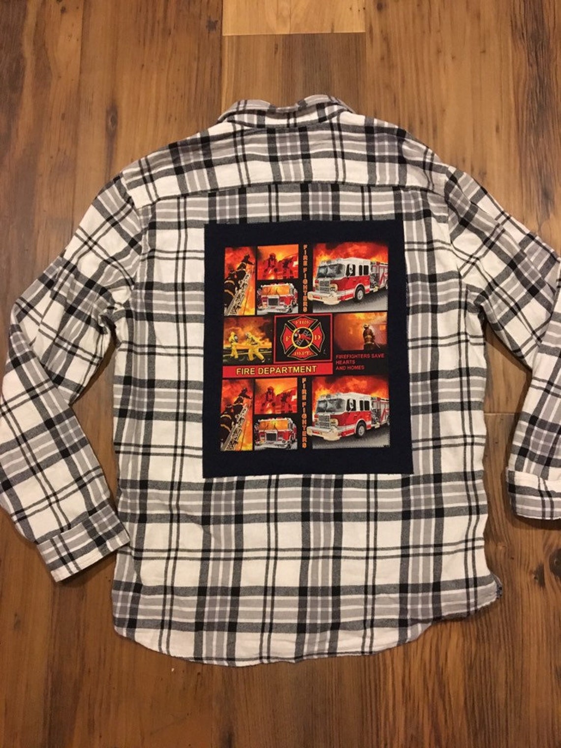 Upcycled Flannel Shirt, Firefighter Back Patch Flannel Shirt, Fireman's ...