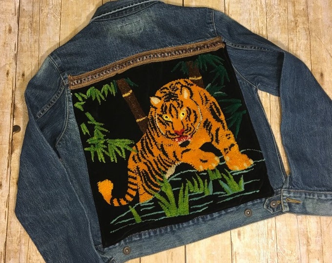 Upcycled Jean Jacket, Crewel Work Tiger on Velvet Back Patch on Denim ...