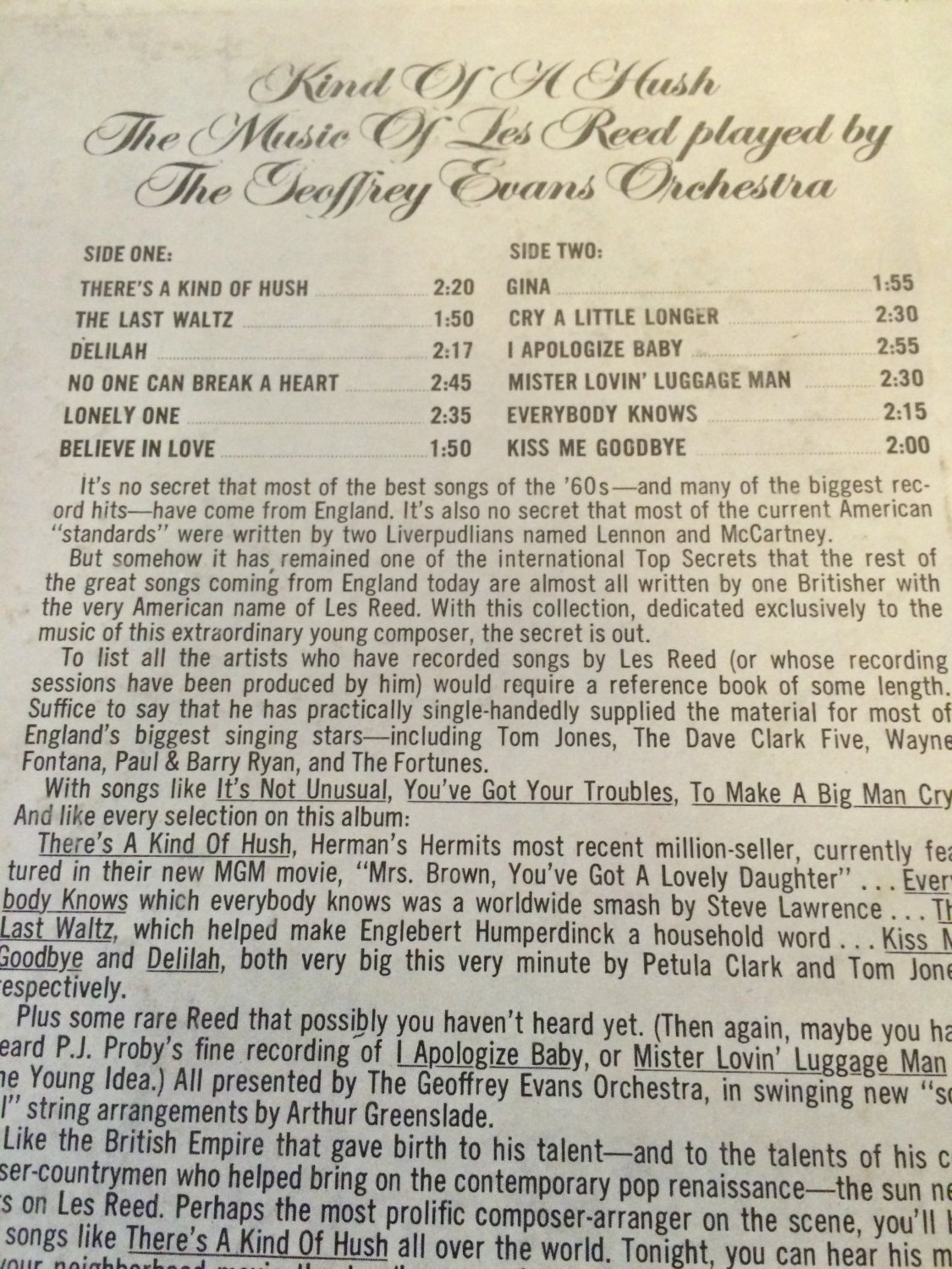 Vintage Album Kind of Hush the Music of Les Reed Played by the - Etsy