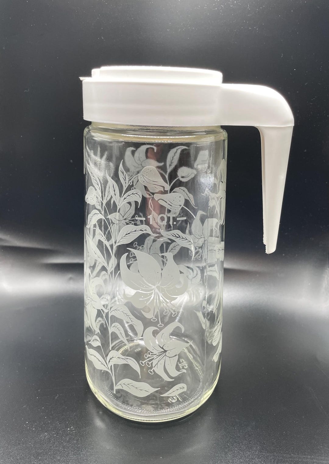 Vintage Anchor Hocking Etched Glass Tang Pitcher White Lillies One ...